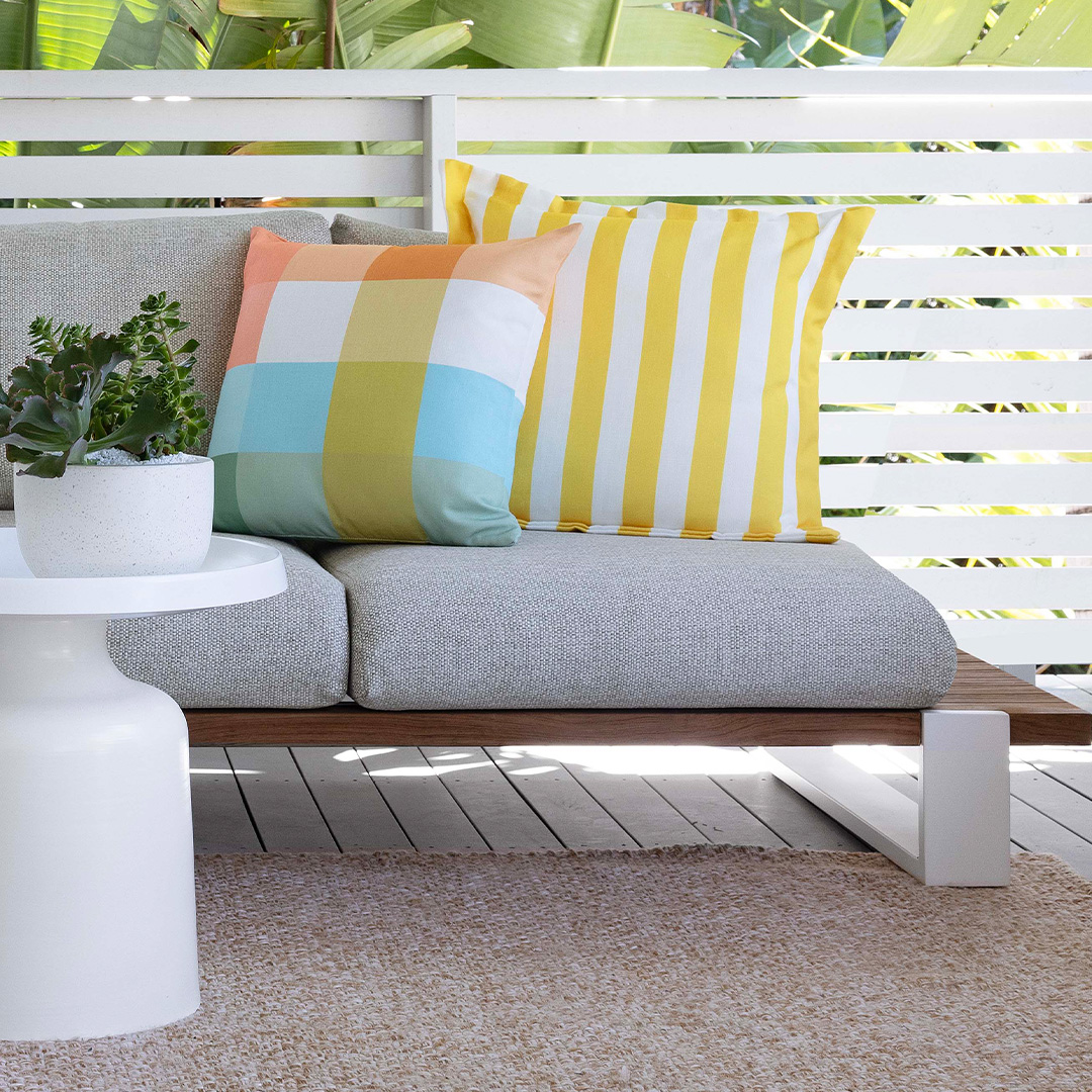 Basford Brands | CALYPSO STRIPE OUTDOOR YELLOW FILLED CUSHION 50X50CM